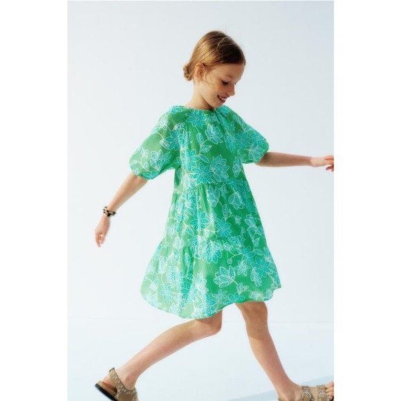 Zara | Dresses | Zara Girls Green Floral Tiered Puff Sleeve Dress 67 ...